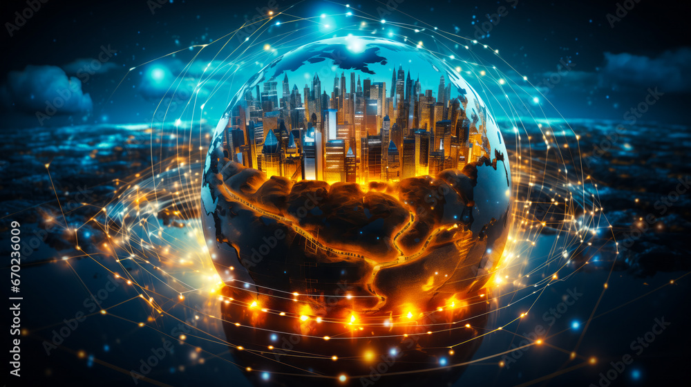 Digital Transformation Across Continents: 3D Globe with Digital Nodes ...