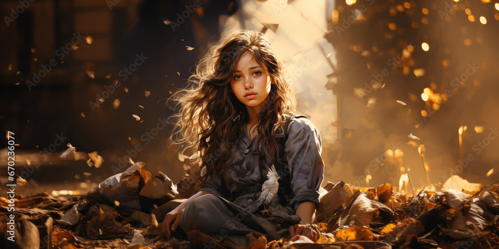 innocent homeless orphan girl over city burned destruction of an ...