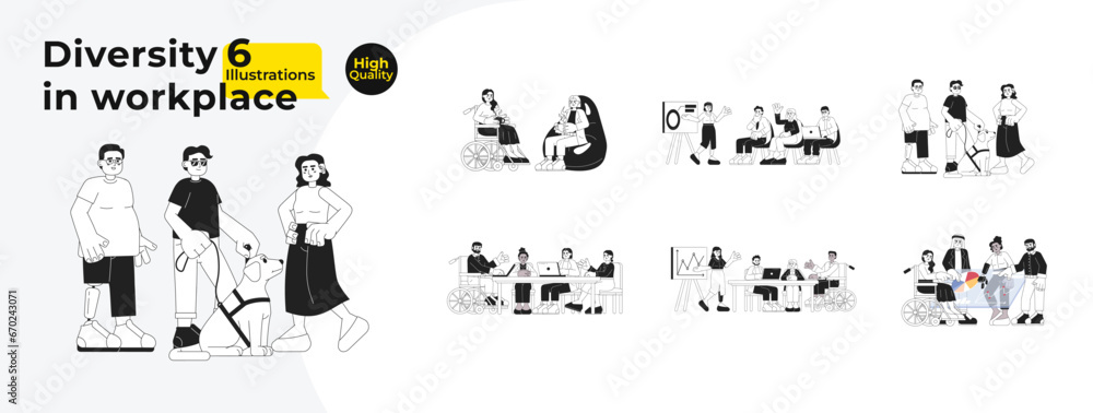 Inclusion in workplace black and white cartoon flat illustration bundle ...