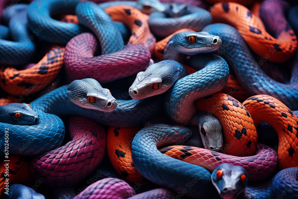 Realistic image of colored snakes as background close-up. AI generated ...