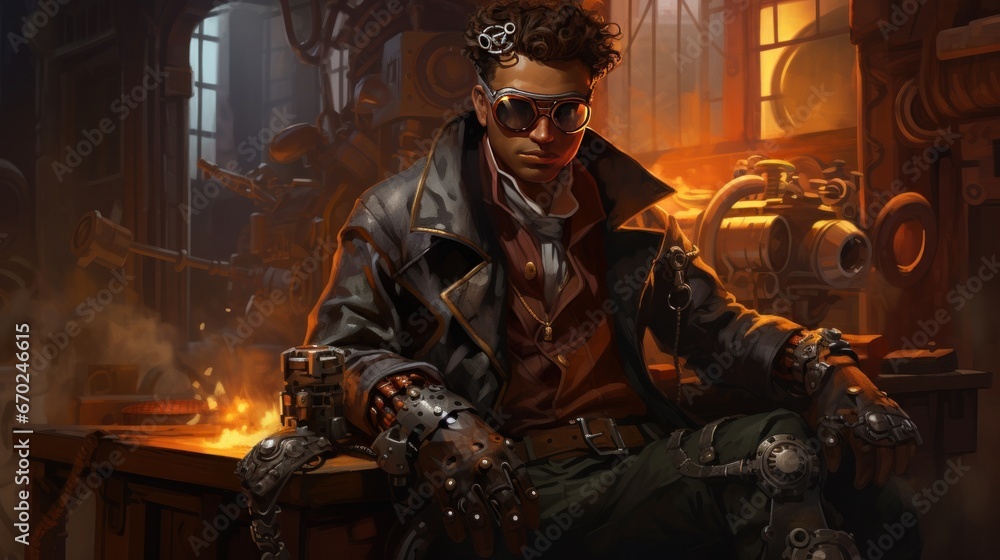 A character concept art of a steampunk inventor with mechanical limbs ...