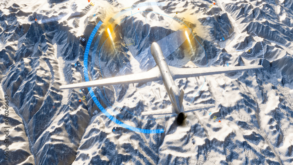 Satellite view of land, war operations, sci-fi. Military target. Drone ...