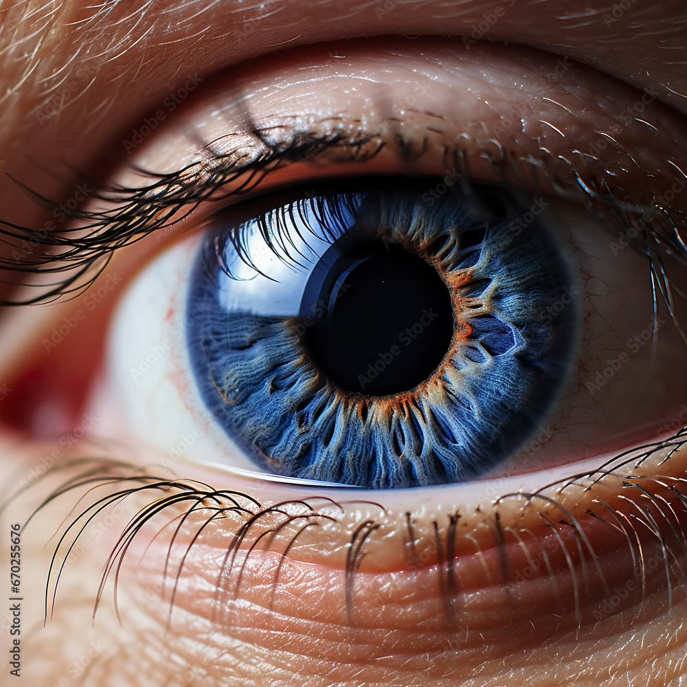 An eye with a blue iris in an impressive vision. Blue eye in macro of ...