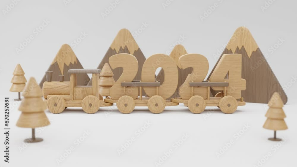 Festive 3d animation of children's wooden toys. A train with trees and ...