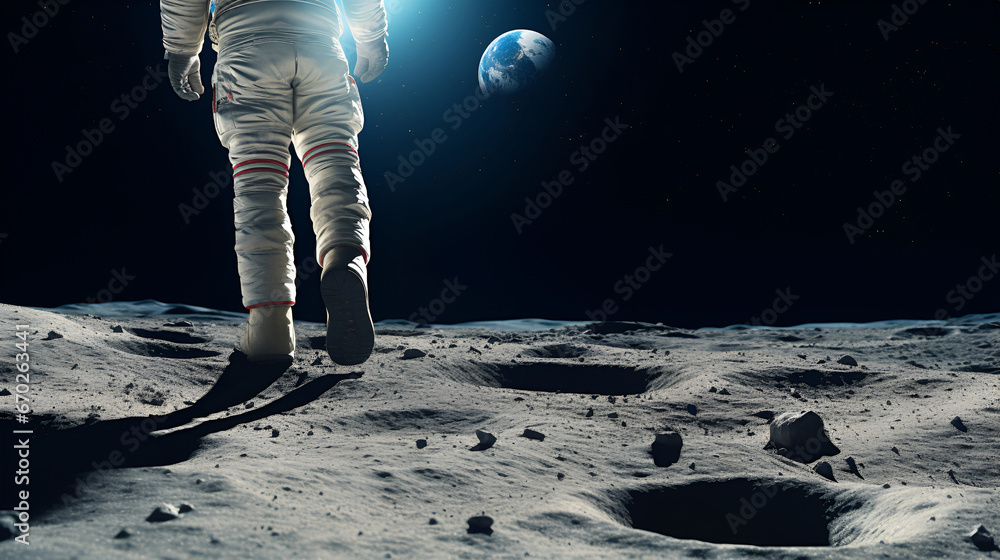 Rear view, legs of an astronaut walking on the surface of the Moon ...