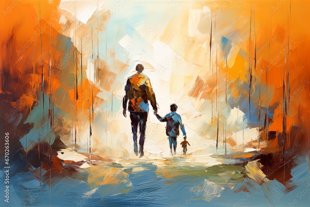 Lonely father walking hand in hand with son child. Concept illustration ...