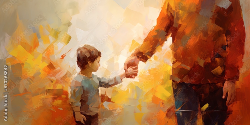 Lonely father walking hand in hand with son child. Concept illustration ...