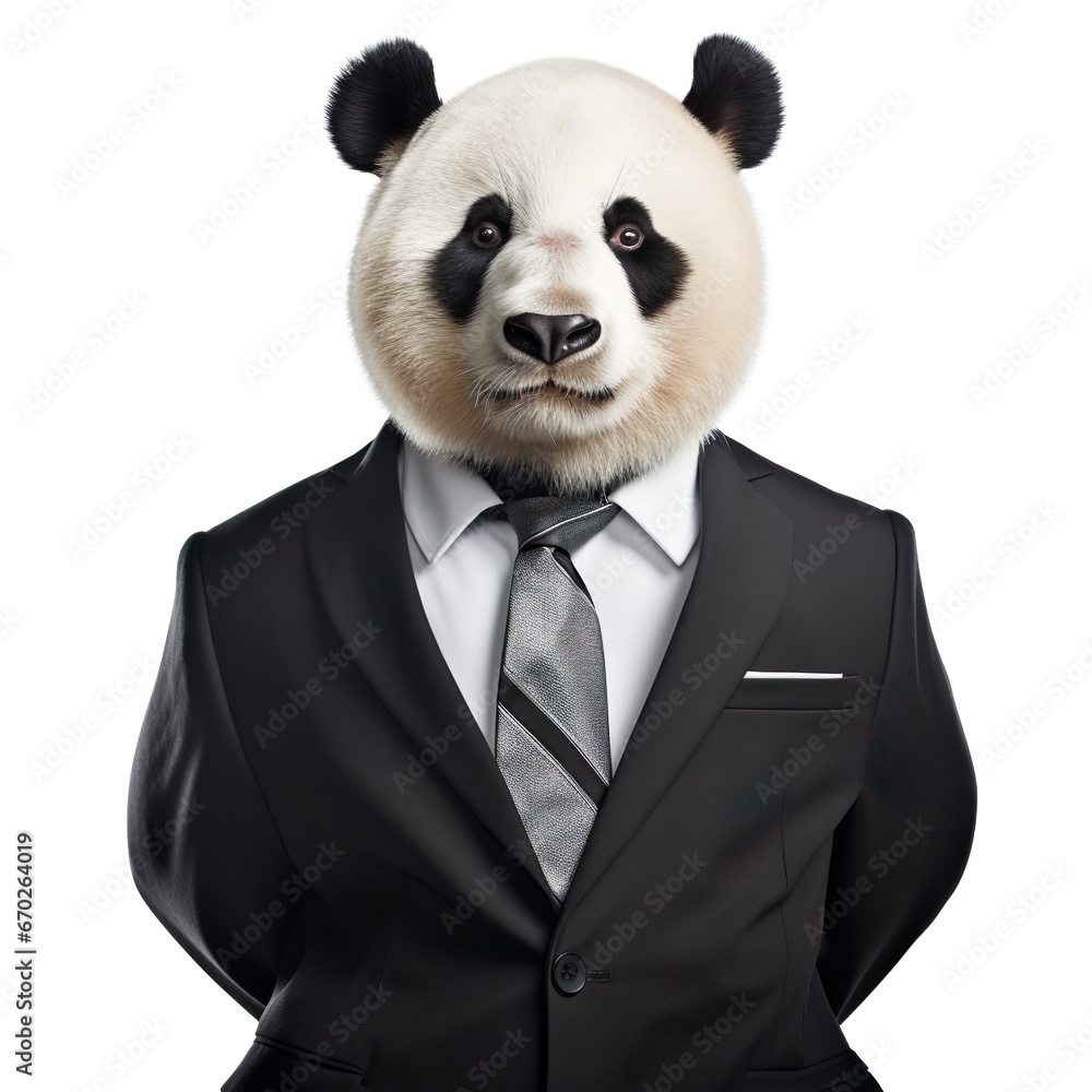Funny panda bear in suit generative AI illustration isolated on white ...