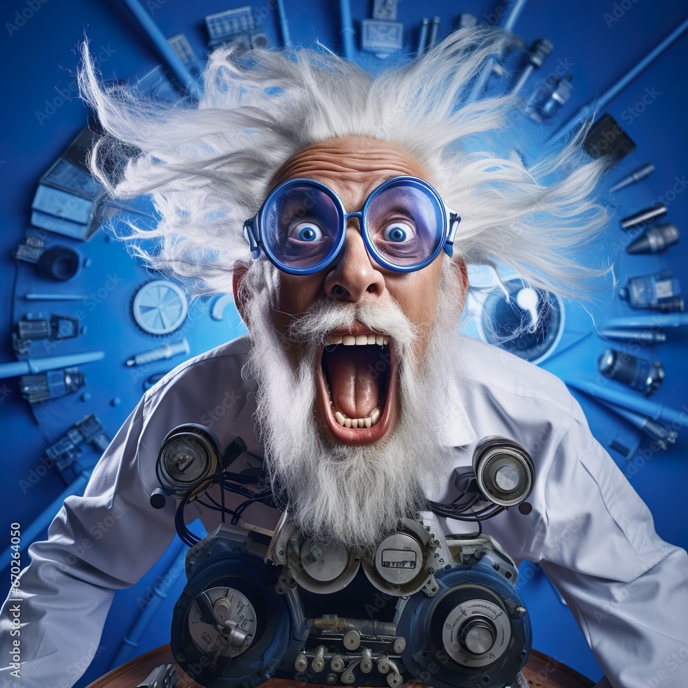 Crazy scientist nutty professor is doing experiment for science ...