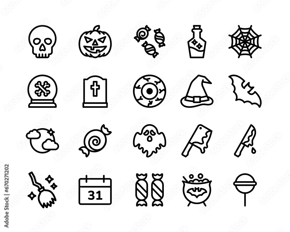 Halloween line icons collection. Pumpkin, Ghost, Bat, Grave, Skull ...