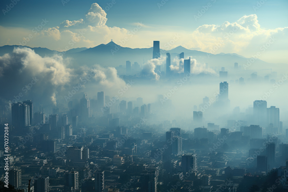 Foto de Smog-covered cityscape with buildings barely visible in the ...