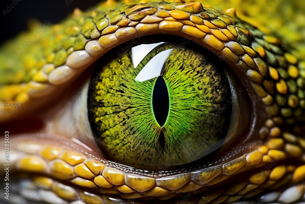 A close up of a lizard eye: is a stunning photo macro with of an eyeball with a green iris and ...