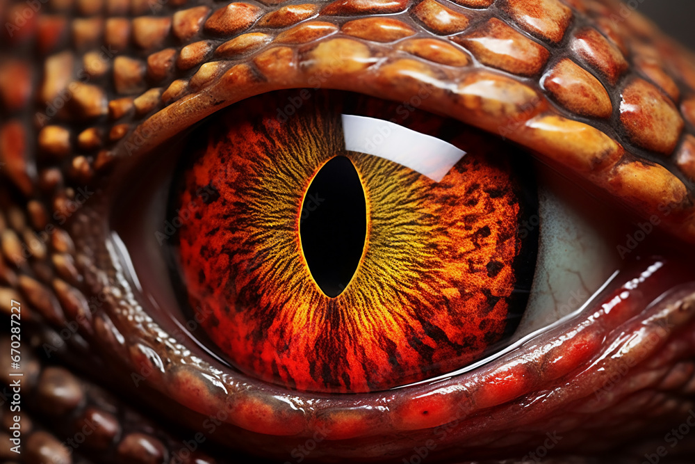 A close up of a lizard eye: is a stunning photo macro with of an eyeball with a red iris and ...