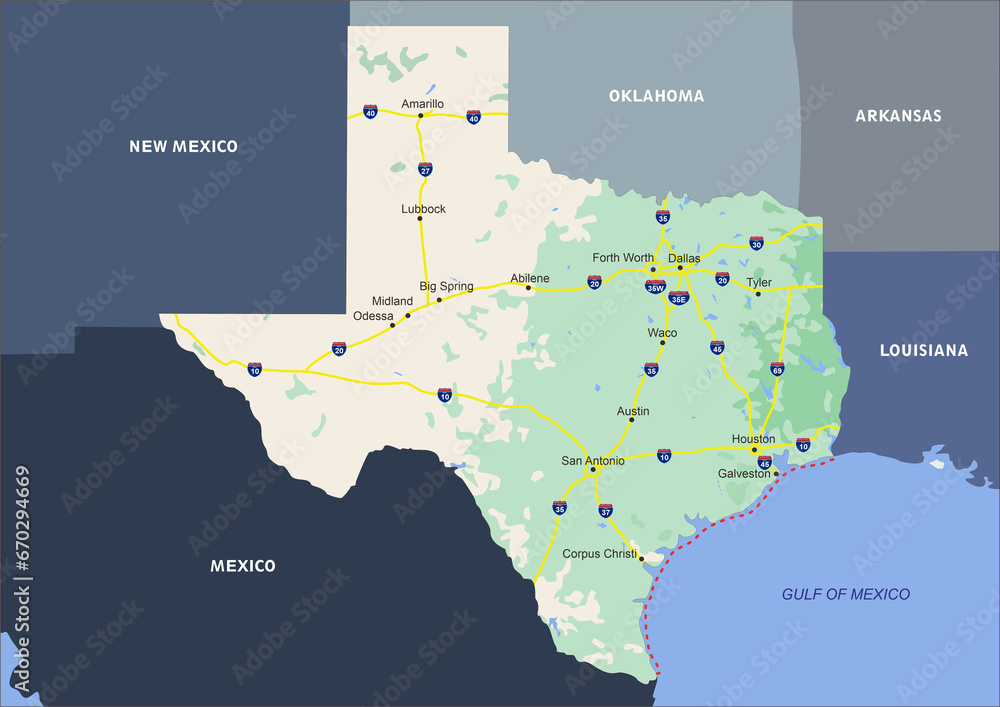 Color map of the state of Texas surrounded by other darker USA states ...