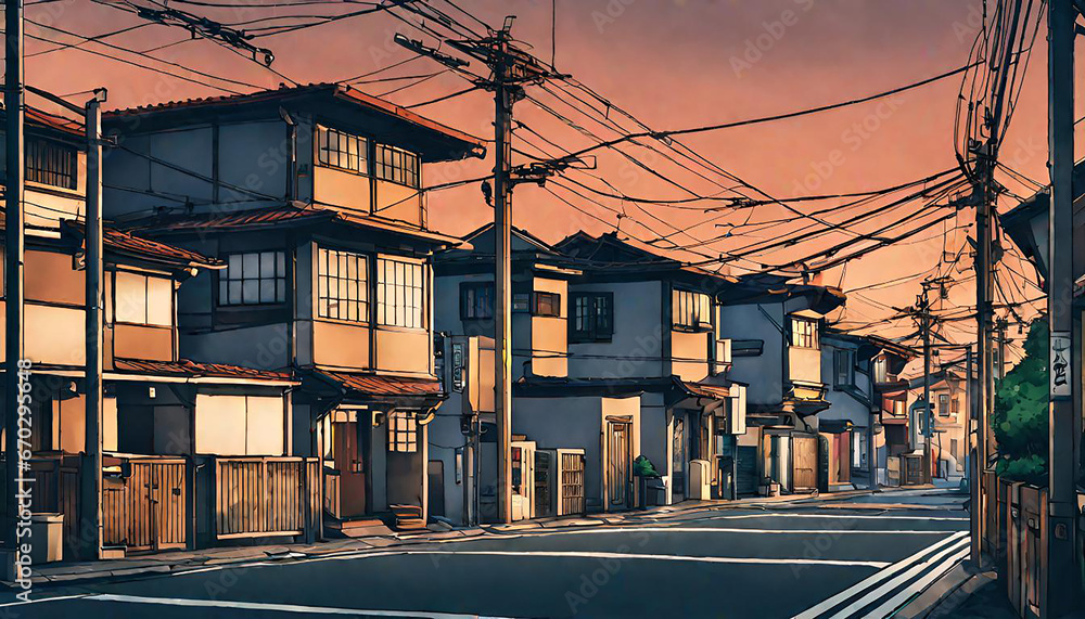 A beautiful japanese tokyo city town in the evening. houses at the ...