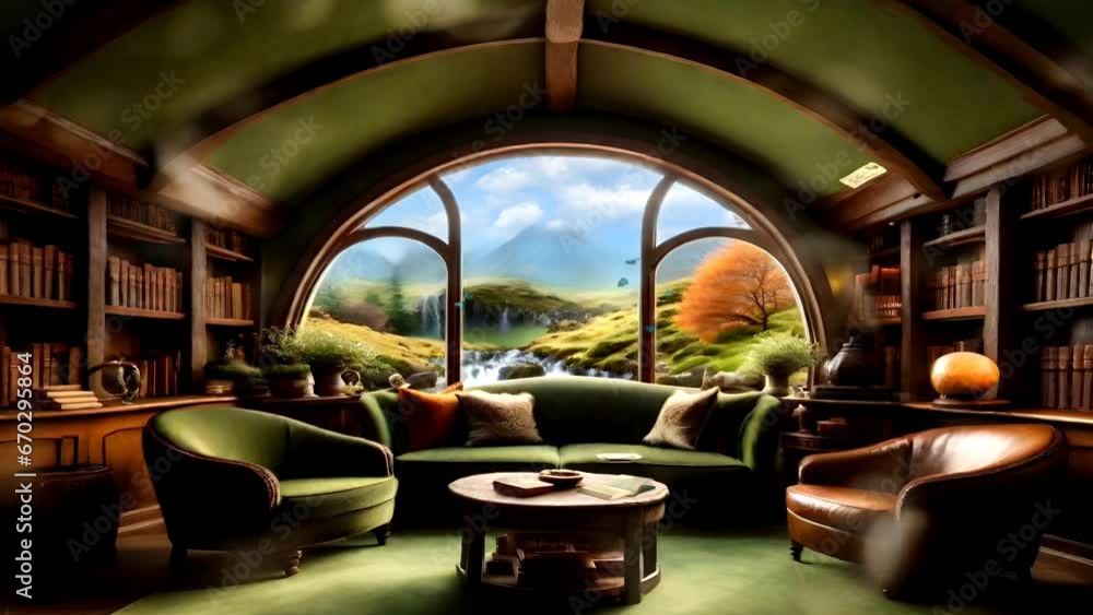 Minimalist family room or living room with large open windows. Anime ...