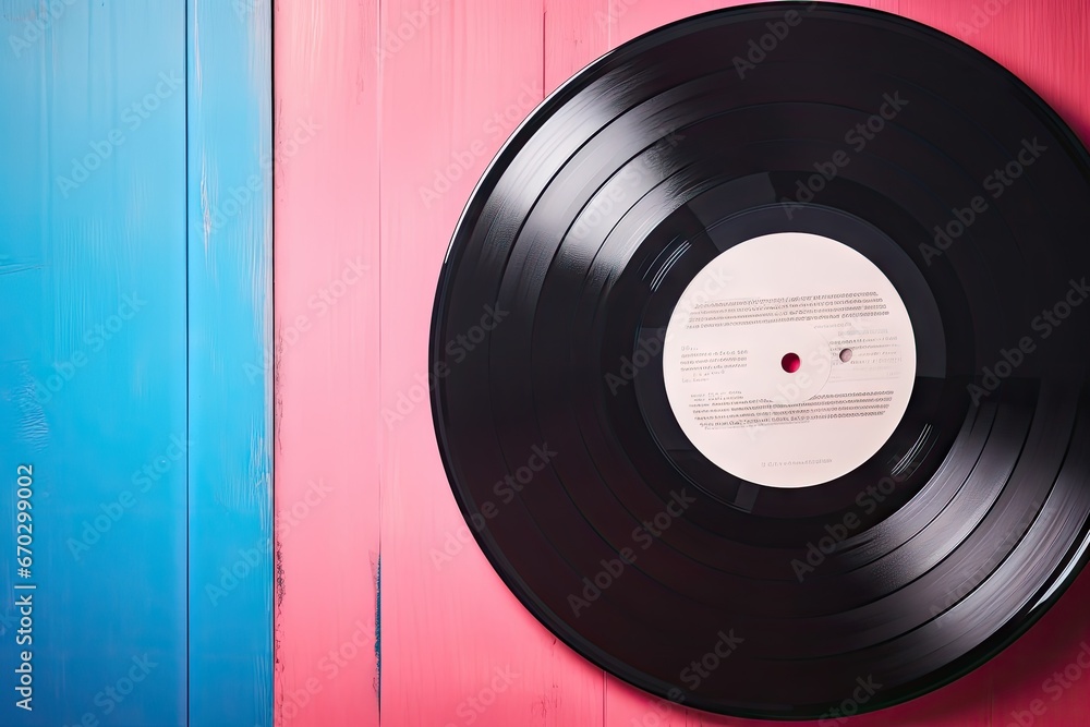 concept music retro background wooden blue pink records 70s 80s ...