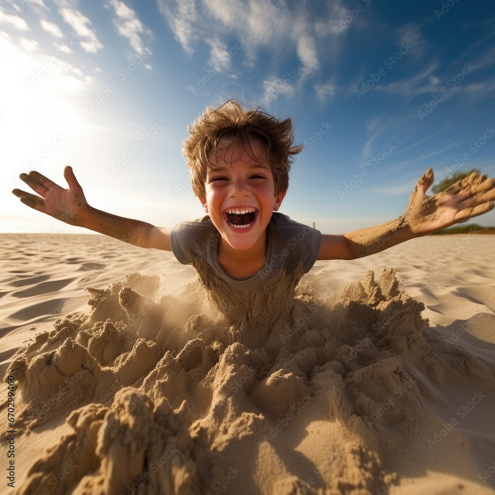 child making a sand angel on the beach, expressing pure happiness ...