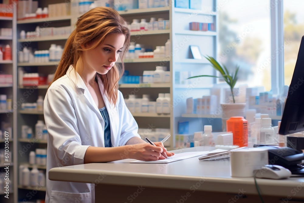 counter pharmacy computer using while medication holding pharmacist ...