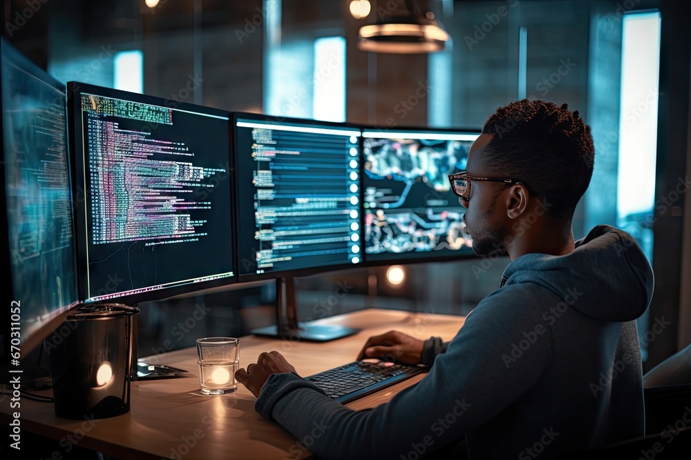 screen focused image office monitors three workplace sitting code ...