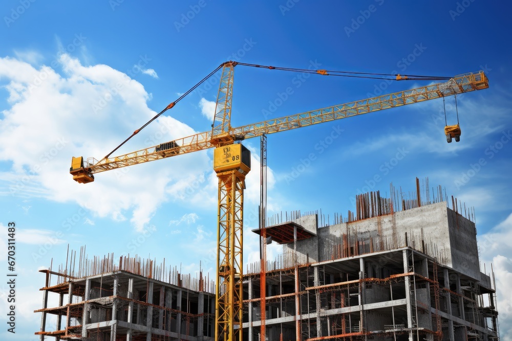 sky blue site construction building crane residential development built ...