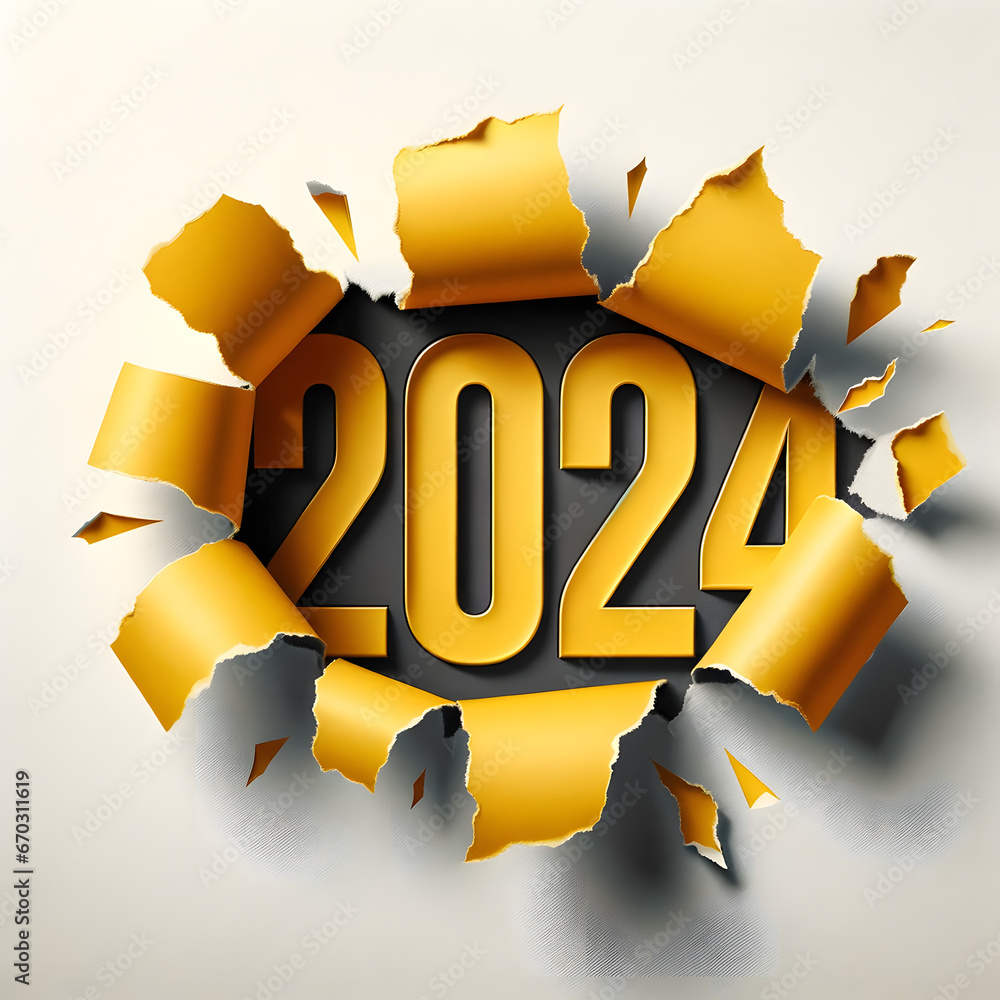 graphic showcasing a yellow paper tear, through which the digits 2024 ...