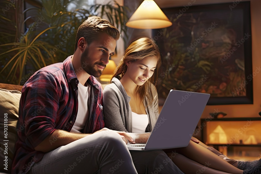 computer laptop using lounge home couple electronic mail communication ...