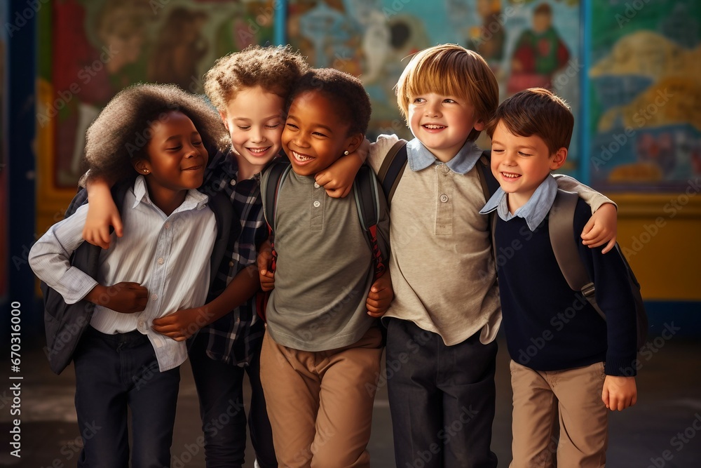 classroom racial cultural Multi happy embracing Schoolchildren group ...