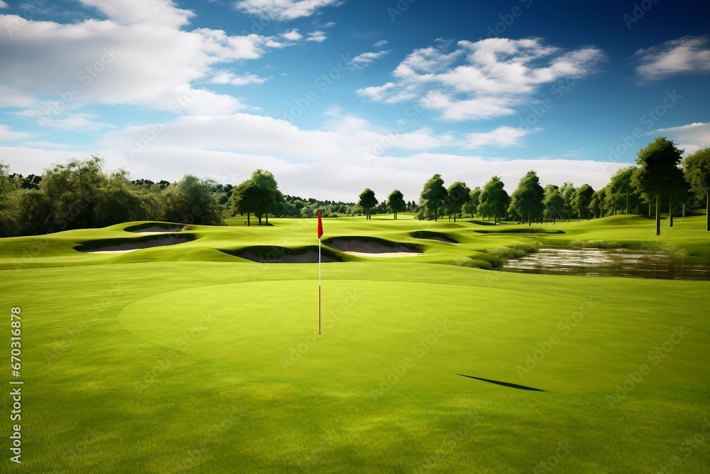 course golf Sunny flag green grass sport hole field landscape sky club ...