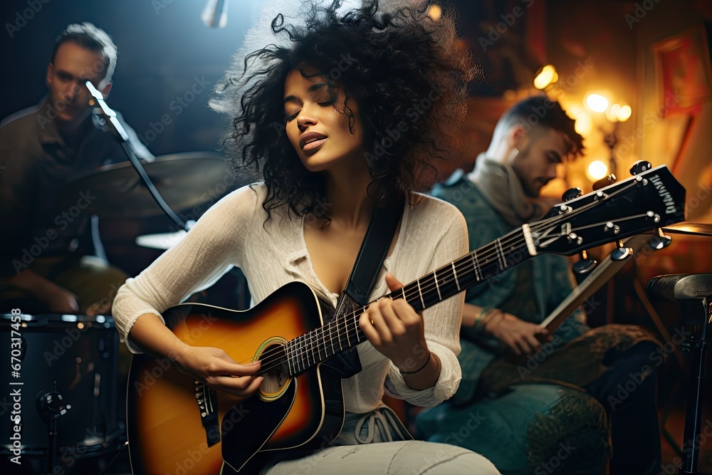 guitarist bass saxophonist drummer background crossed legs chair ...