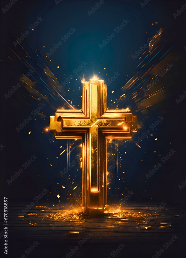 Shiny golden Christian faith or religion cross standing on a wooden ...