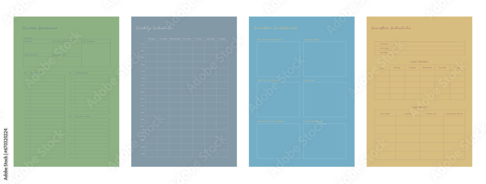 Vetor de 4 set of course overview, weekly schedule, semester dashboard ...