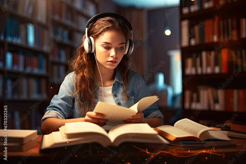 online learning laptop using libraryShe school study student female ...