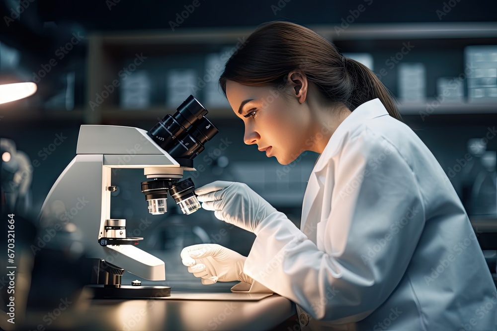 office laboratory analysis making microscope working uniform medic ...