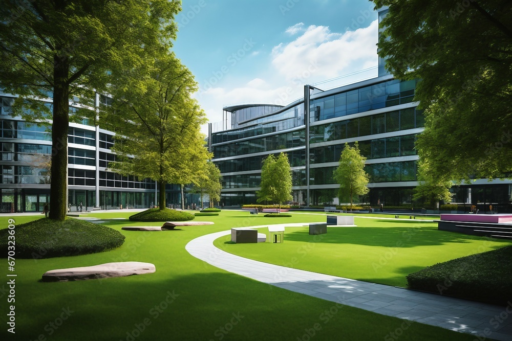 bench trees lawn green park office Modern building complex commercial ...