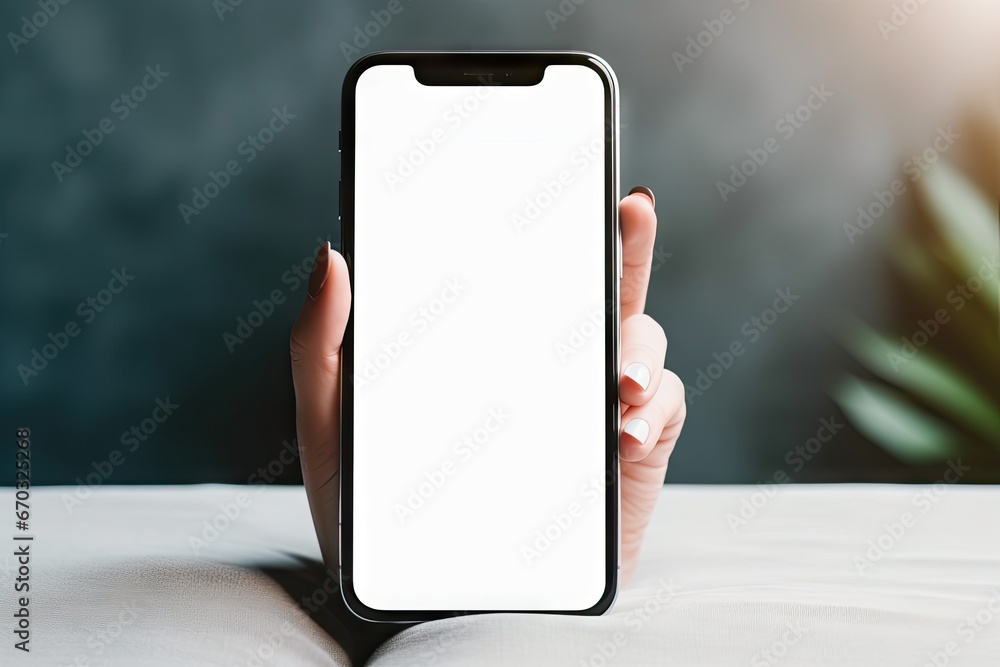 phone mobile mock screen blank holding sitting woman view top ...