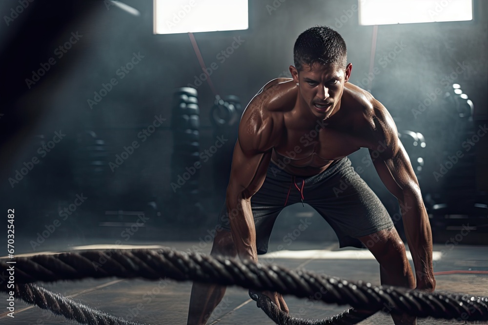 young man exercising using battle rope gym determination exercise ...