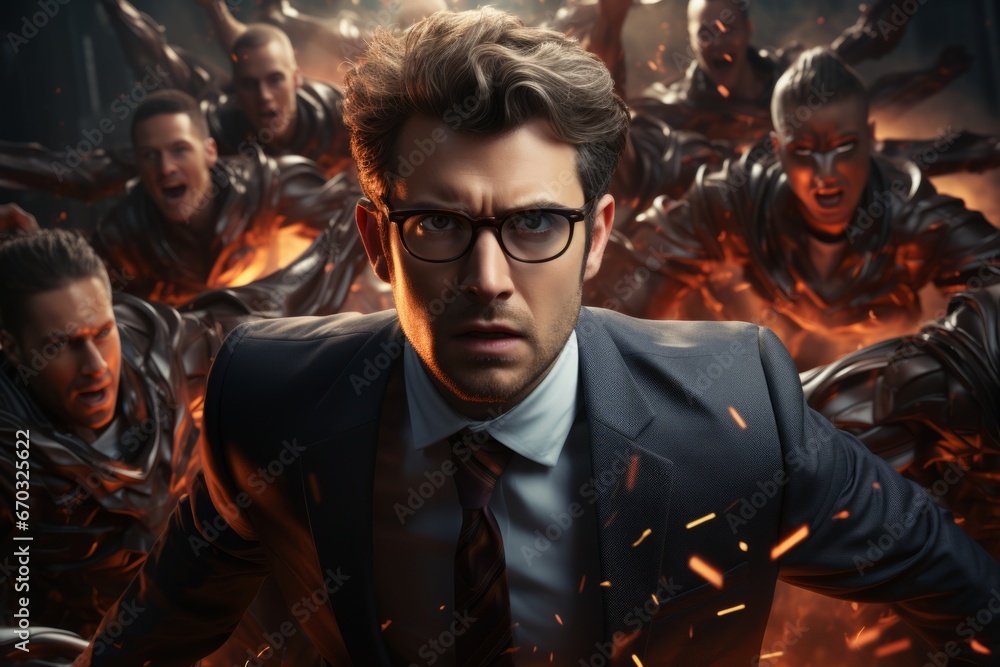 Heroic man superhero guiding a group of people to safety during a ...
