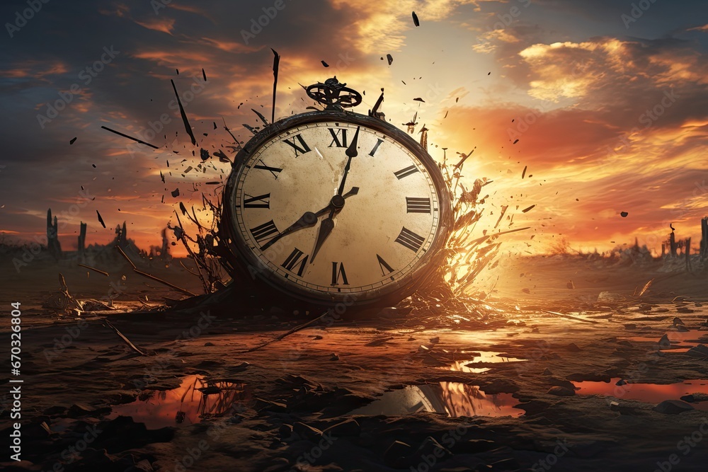 Time concept with clock in the sunset. 3d render illustration, Time ...