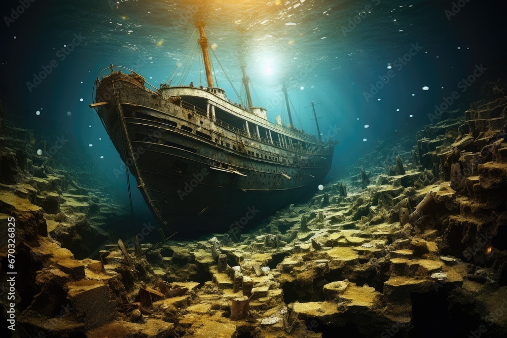 Sunken ship in the sea. Underwater world. 3d rendering, Titanic ...