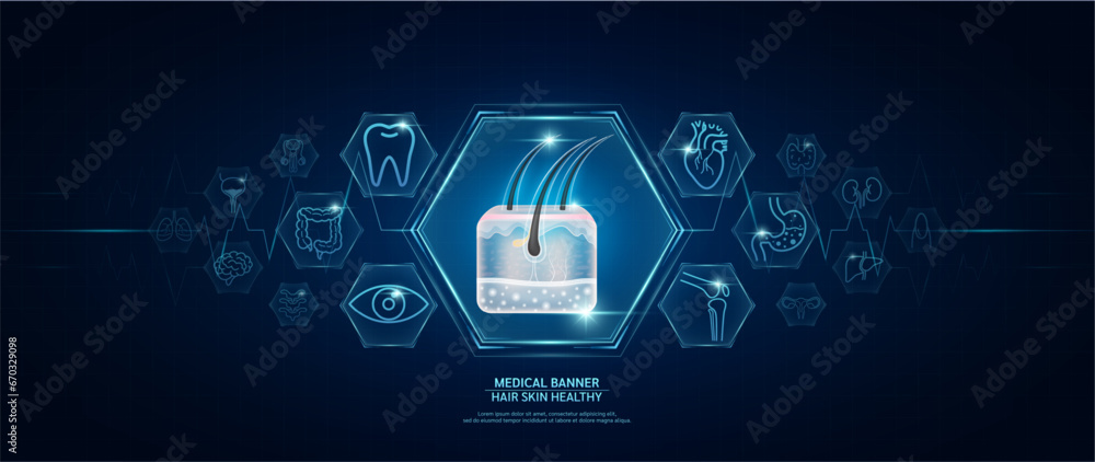 Hair skin healthy. Human organs icon symbols. Medical science banner ...