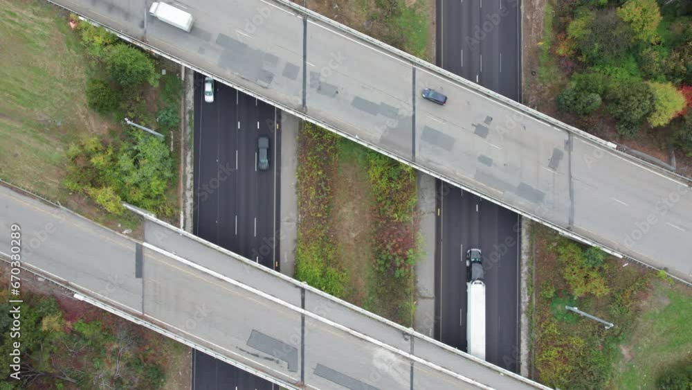 Drone footage over Route 495 in Marlboro, Massachusetts. A birds eye ...