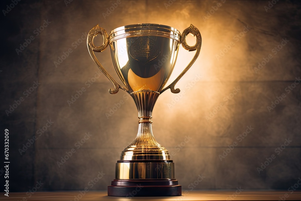 table wooden placed trophy golden champion cup award winner background ...