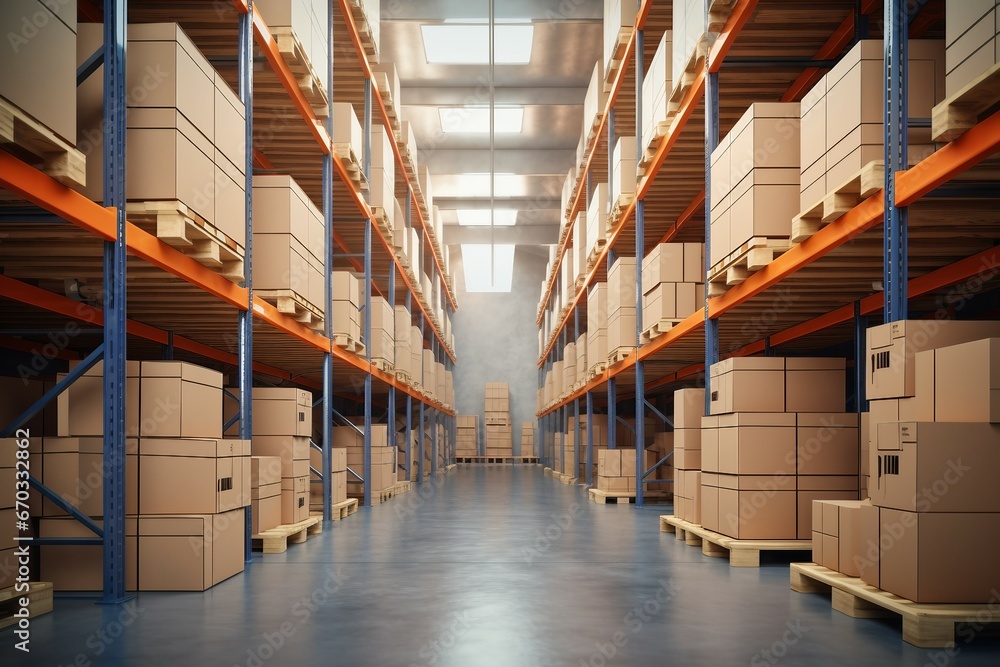 background Industrial boxes cardboard shelves storage Warehouse ...