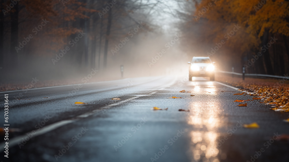 dangerous autumn road in fog and rain, slippery asphalt twilight on the ...