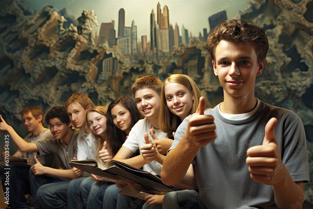 hoch daumen halten studenten erfolgreiche woman man group team student ...