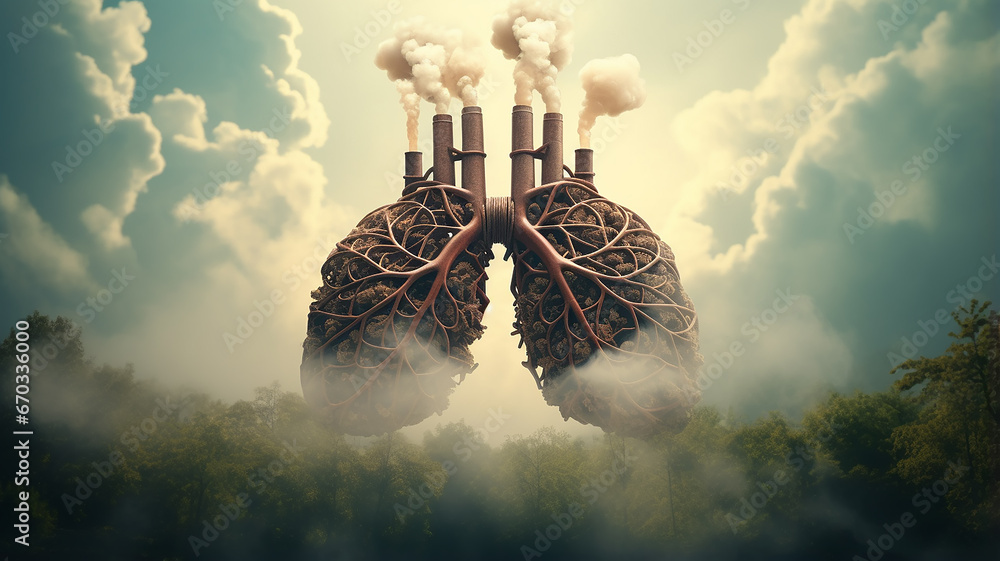 carbon footprint, smoke pollution of the atmosphere, pipes with smoke ...