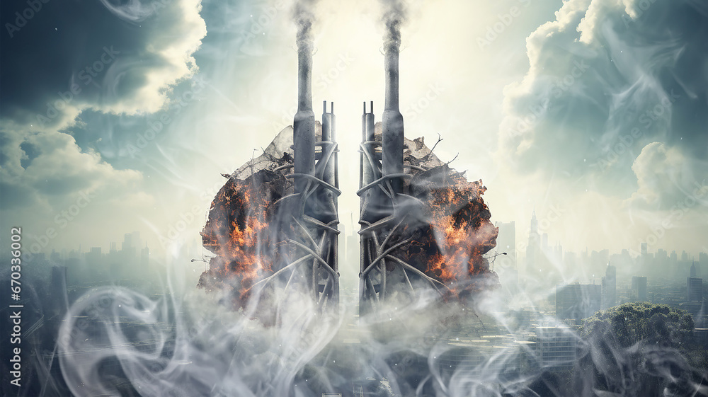 carbon footprint, smoke pollution of the atmosphere, pipes with smoke ...