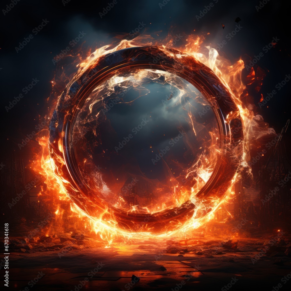 Glowing circle of flame and neon light on black background abstract ...