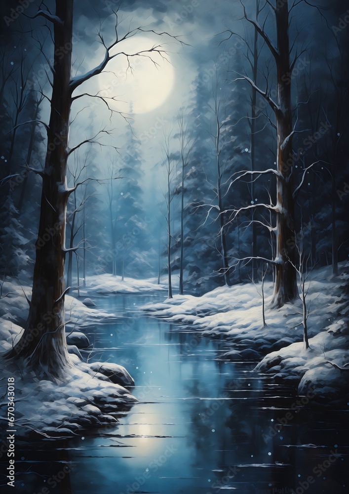 snowy river forest full moon oil gentle snow white liquid metal music ...